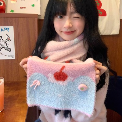 原创草莓蛋糕猫粉蓝可爱保暖围脖