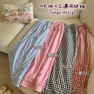 日系夏季四色格子花边薄款阔腿裤