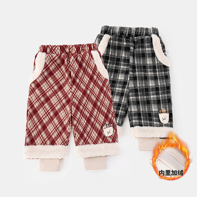 女童裤子冬款2025新款假两件加绒休闲长裤冬装宝宝格子直筒裤5578