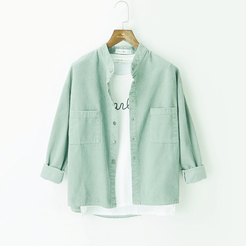 春秋休闲衬衣女款衬衫男立领纯色绿色宽松长袖外套灯芯绒情侣衫潮_虎窝淘