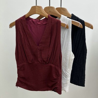 时尚简约挂脖褶皱收腰背心