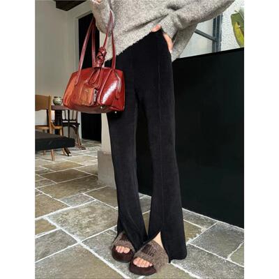 摩登Mdeng灯芯绒前开叉高腰休闲裤女秋新款显瘦拖地裤3226F