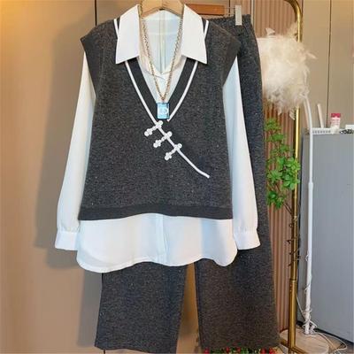 大码女装春季新款通勤风针织套装女韩版盘扣马甲衬衫裤子三件套潮