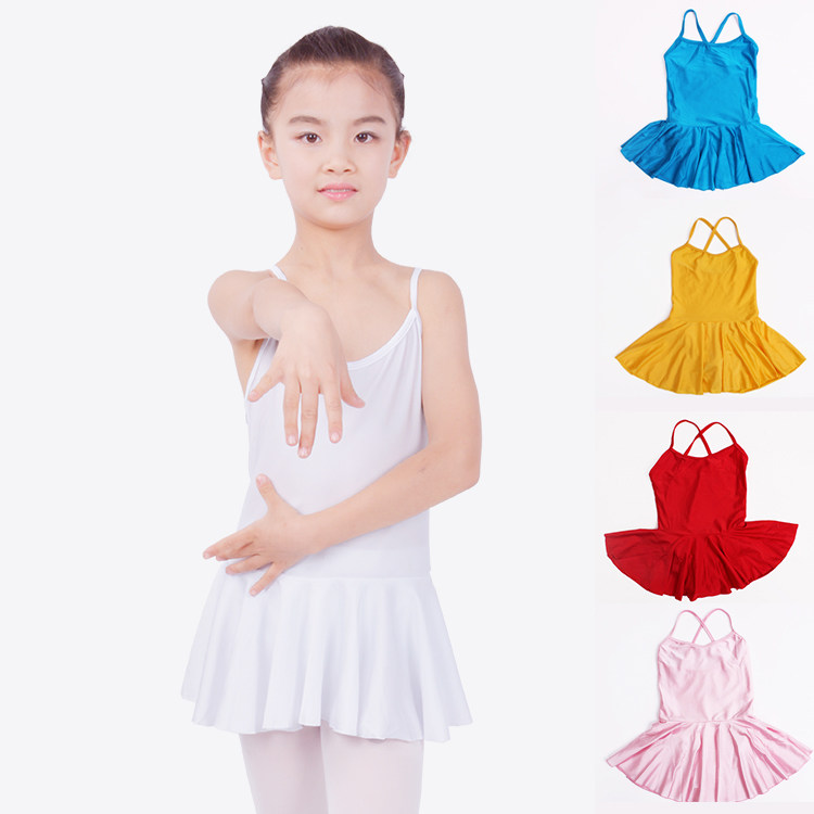 儿童舞蹈练功服氨纶吊带粉白黄连体裙少儿夏体操衣女民族舞演出服