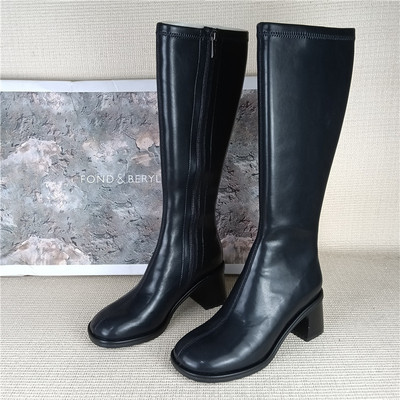 菲伯丽尔正品撤柜黑色长筒靴女侧拉链粗跟瘦瘦靴百搭气质不过膝靴