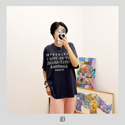 汉麻混纺宽松印花刺绣短袖T恤女