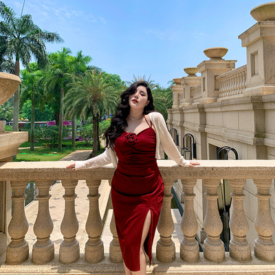 希同儿大码女装胖mm法式性感显瘦酒红色玫瑰吊带连衣裙礼服长裙秋