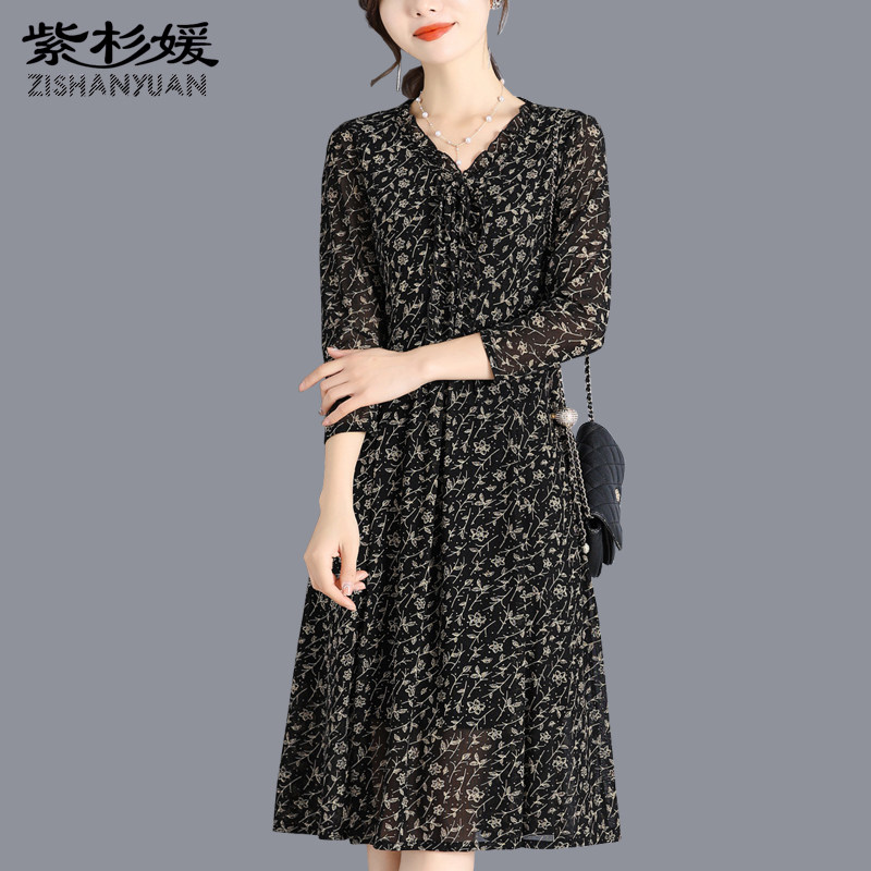 时尚中年女士小个子妈妈装夏季新款小碎花九分袖防晒台湾纱连衣裙
