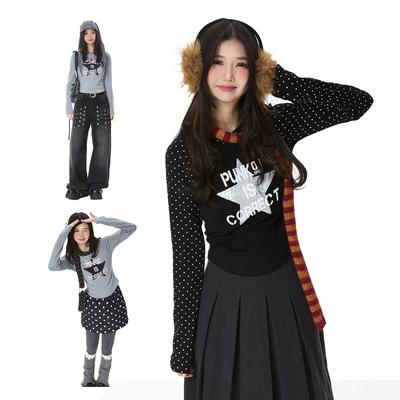 Double L2 美式波点印花星星长袖T恤女辣妹内搭插肩袖打底衫上衣