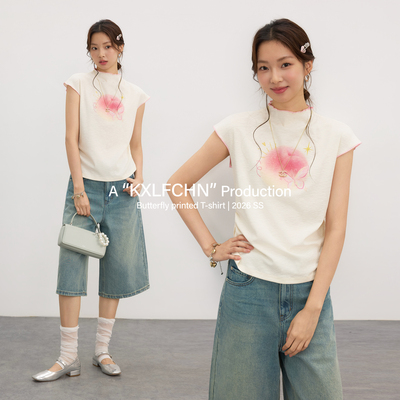 KXLFCHN空穴来风 双色渐变蝴蝶印花女上衣夏季新款修身款短袖T 恤