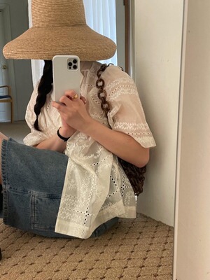 PPSH韩系百搭小众钩花刺绣单排扣上衣+复古高腰半身裙套装