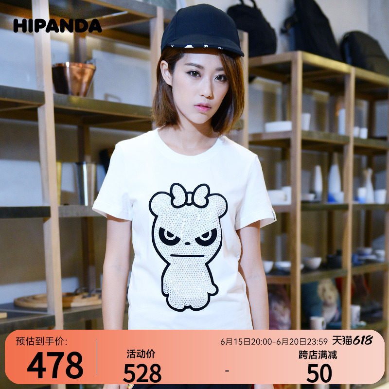 Hipanda你好熊猫设计潮牌女式蝴蝶结贴钻熊猫休闲圆领上衣短袖T恤_虎窝淘