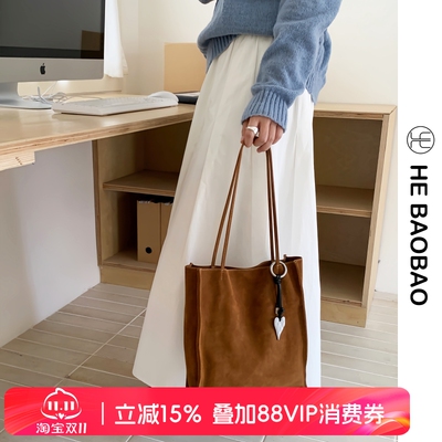 HEBAOBAO新款头层牛皮大容量真皮hobo反绒麂皮托特包单肩女包