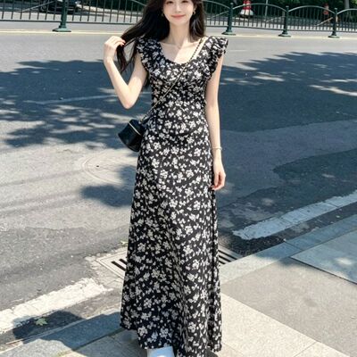 175高个子加长黑色碎花收腰连衣裙女超长到脚踝玫瑰岛显瘦长裙夏