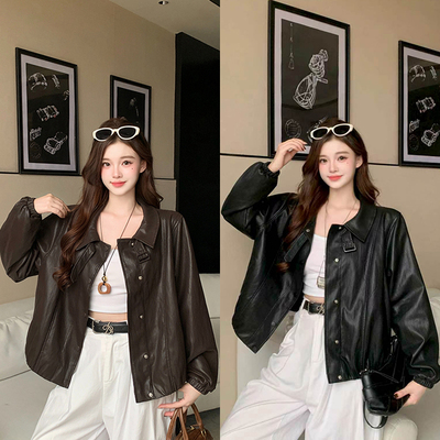 2026秋装新款胖mm大码女美式复古翻领机车服皮衣外套夹克26043