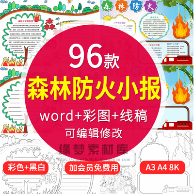 森林防火手抄报学生消防安全知识防火灾保护环境黑白线描电子小报