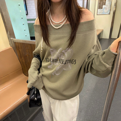 「 9.14 秋季上新」MMFISH美式慵懒风一字肩鸢尾花印花卫衣26T680