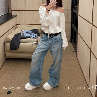 SUNONEONE 美式复古蓝色宽松牛仔裤女夏季新款休闲直筒小个子裤子