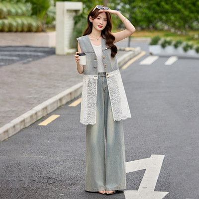 2026夏季气质优雅风牛仔背心上衣显瘦宽松阔腿裤两件套装 AH8620