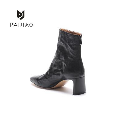 羊皮水晶方头中缝设计后拉链靴