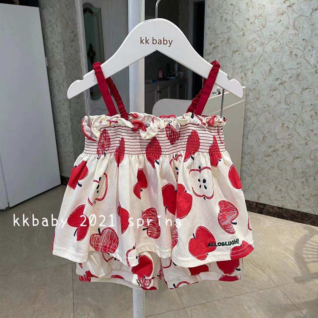 kkbaby韩国童装21夏女童棉洋气舒适柔软可爱个性苹果吊带短裤套装_虎窝淘