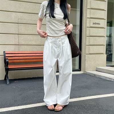 代嘉儿B9988-1白色休闲裤女夏季薄款高腰阔腿裤老钱风天丝气球裤