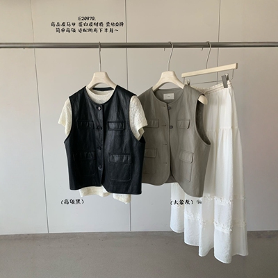 Enxi韩系圆领PU皮马甲春季百搭