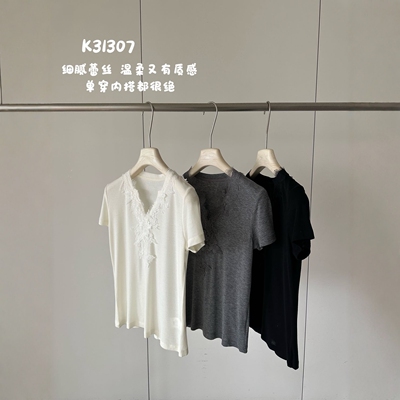 卡蔓诗韩系V领蕾丝拼接短袖T恤女