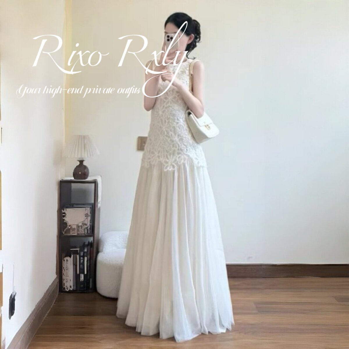 RIXO RXLY收腰显瘦洋装女夏季无袖拼接A字裙蕾丝修身背心长裙子