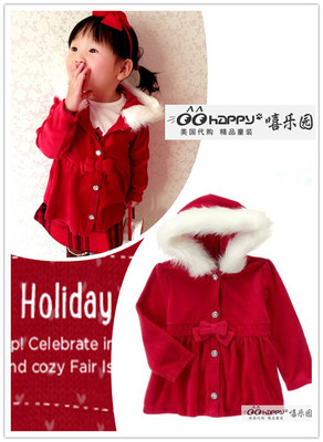【现货】美国crazy8女童女宝宝圣诞红色喜庆节日丝绒外套