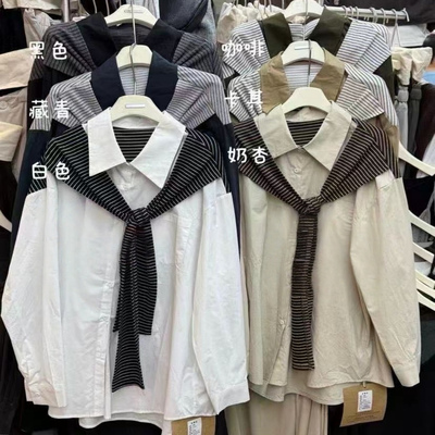 胖mm松弛风休闲拼接条纹披肩衬衫