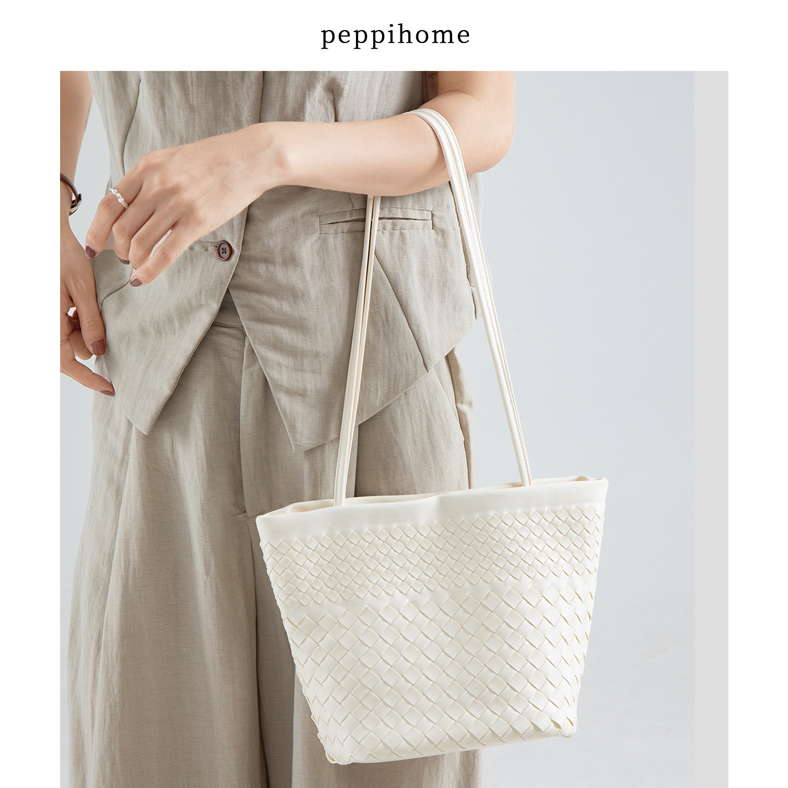 PEPPIHOME 复古肌理感编织水桶托特包女四季百搭慵懒风通勤单肩包