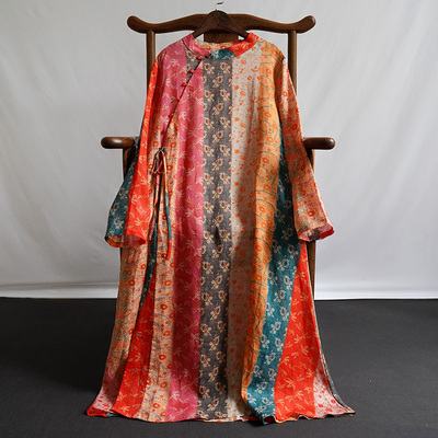 中式风田园斜襟长旗袍禅意连身裙