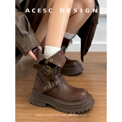 厚底美拉德中筒短靴女秋冬新款复古英伦风显瘦增高棕色马丁靴