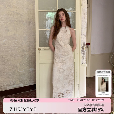 ZHUYIYI 设计感蕾丝侧开叉无袖连衣裙女夏收腰原创设计高级感