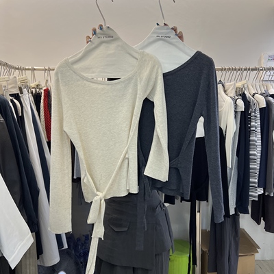 XFJ2025秋季新款韩版一字肩设计感绑带收腰显瘦针织衫上衣女82051