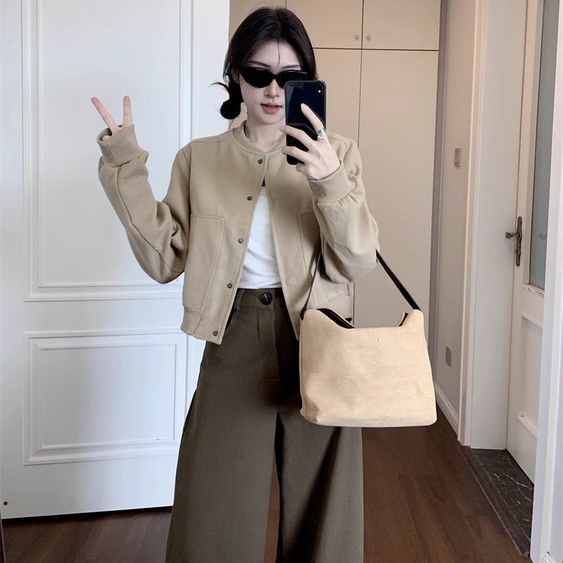 卡其色毛呢棒球服短外套女春季2025新款小个子短款高级感气质夹克