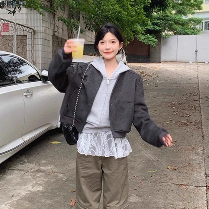 美式新款高级灰色宽松秋季短款春秋棒球复古休闲设计夹克外套上衣