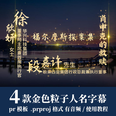 pr字幕模板金色粒子标题人名字体动态展示消散效果动画视频素材