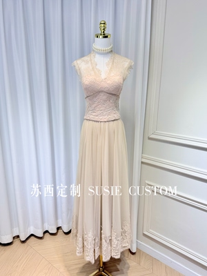 高定设计款法式显身材V领带胸垫蕾丝上衣松紧腰大摆网纱长裙套装