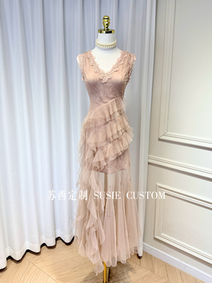 高定设计款纯欲V领亮片蕾丝网纱不规则荷叶边飘带微透感鱼尾长裙