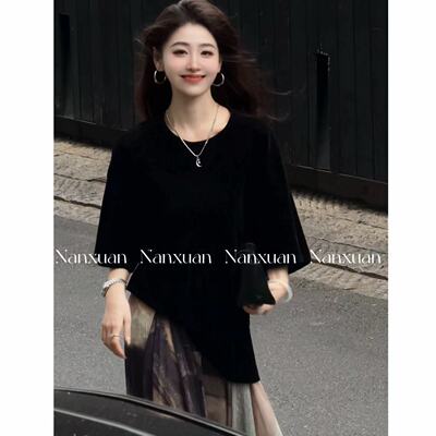 小众慵懒风宽松纯色丝绒短袖T恤