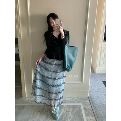 DARA ROSE-26年早春法式碎花蕾丝边拼接网纱高腰层层蛋半身裙