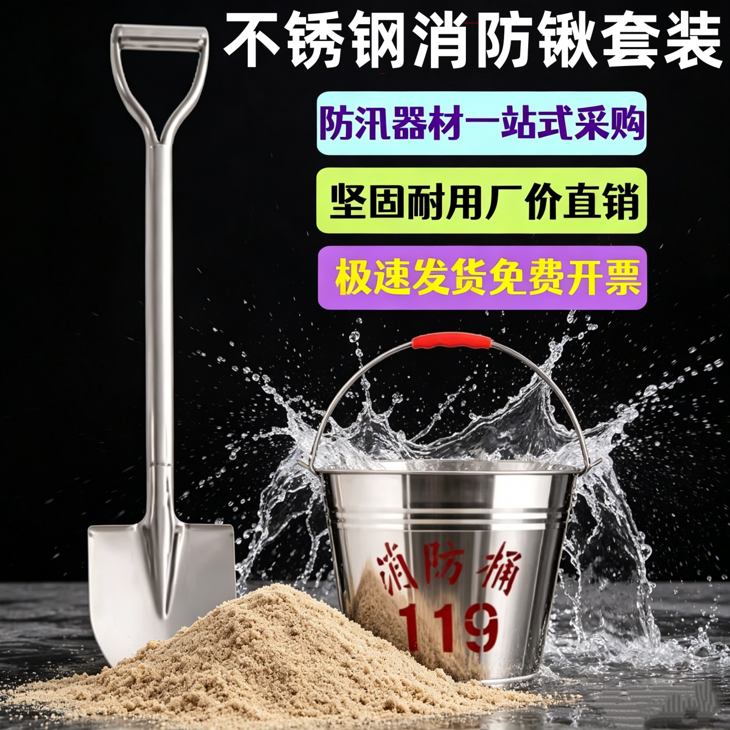 304不锈钢加厚消防桶201消防铁锹沙铲家用消防器材灭火半圆黄沙桶