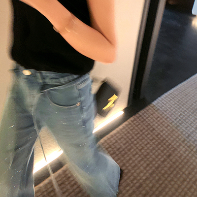 bigyu BlingBling烫钻闪光牛仔裤直筒修身女韩版气质显瘦微喇长裤