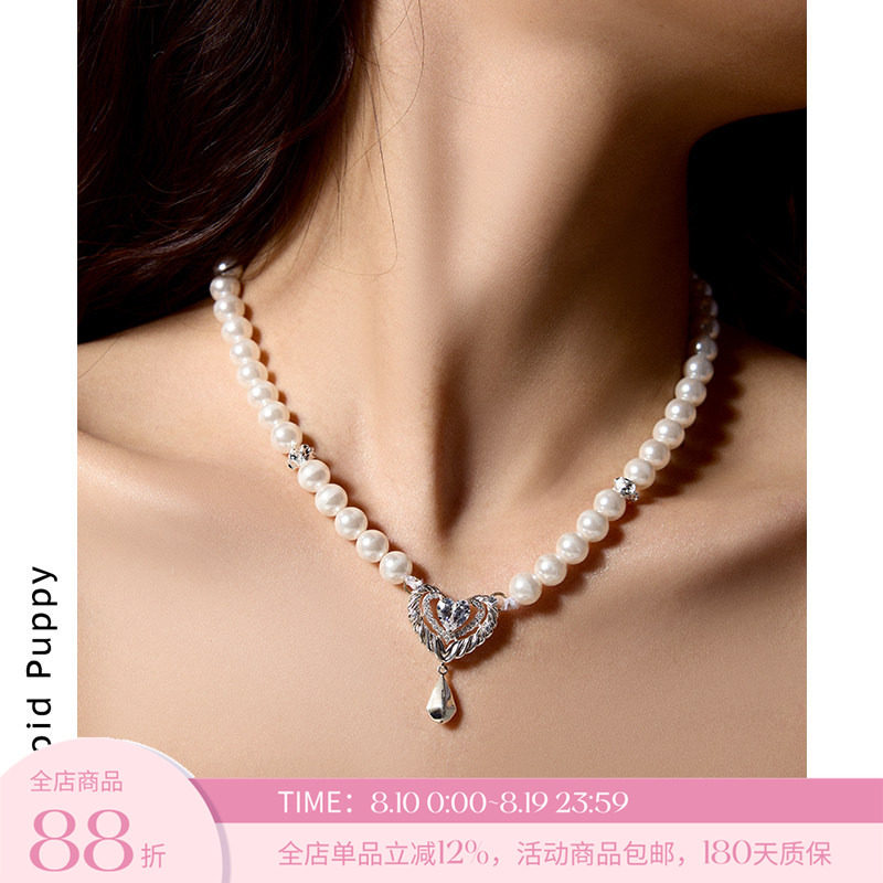 PP《柔光》流苏爱心吊坠珍珠项链女choker轻奢925纯银复古锁骨链