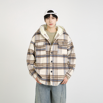 NineteenAutumn 冬季新款格纹羊羔毛棉衣外套连帽宽松慵懒风男女