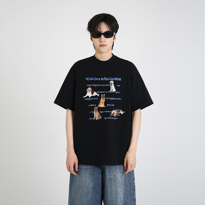 NineteenAutumn 美式复古潮牌狗狗印花短袖T恤宽松男女同款半袖