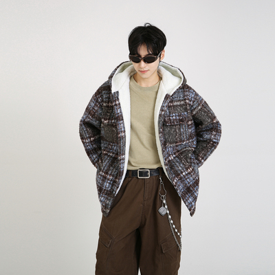 NineteenAutumn格纹宽松男女潮牌情侣内里羊羔毛加厚连帽棉衣外套