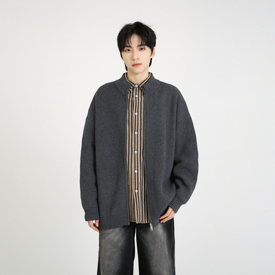 NineteenAutumn 男士基础宽松开衫毛衣复古慵懒风立领针织衫外套